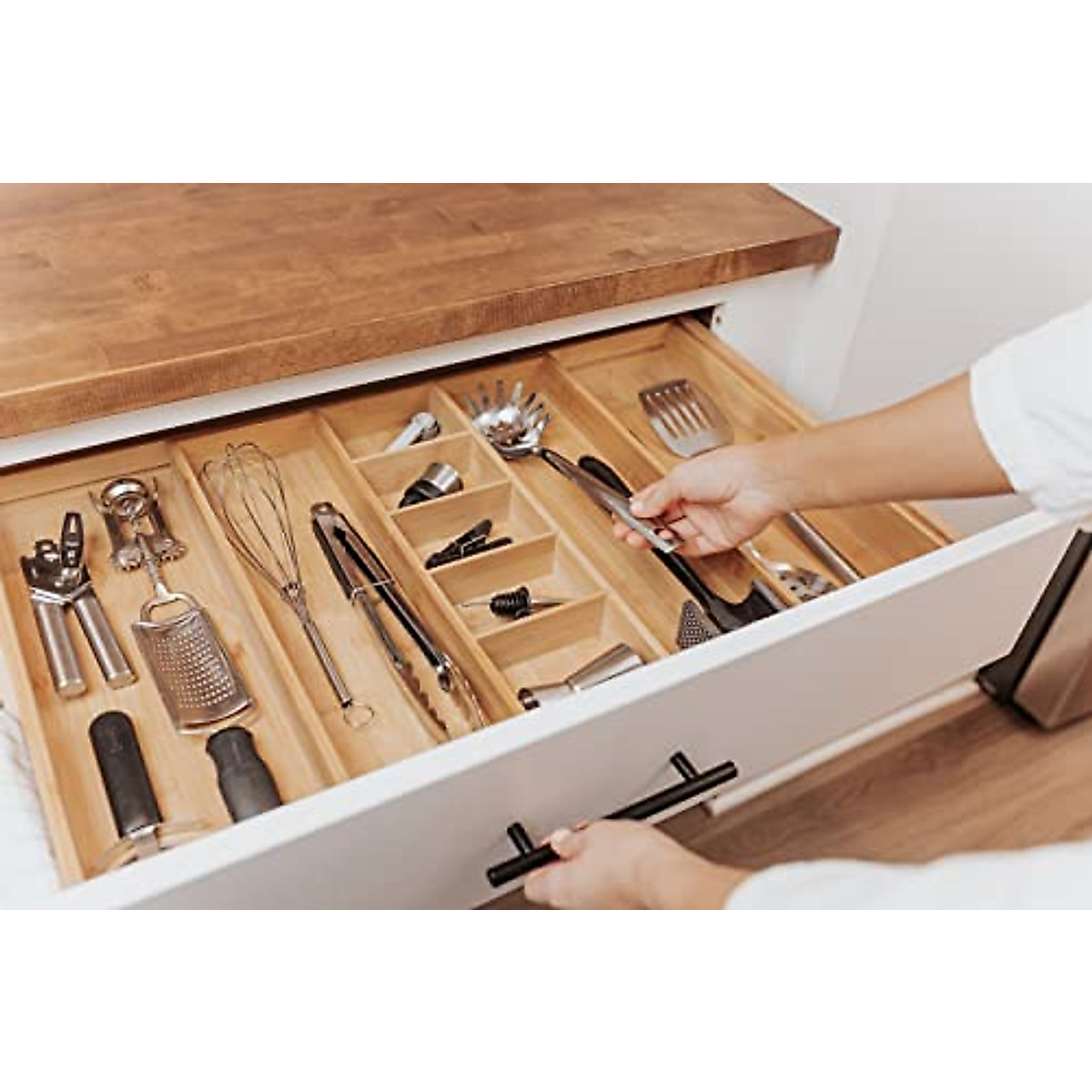 KitchenEdge Adjustable Kitchen Drawer Organizer for Utensils and Junk, Expandable to 28 Inches Wide, 9 Compartments, 100% Bamboo