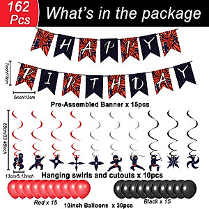 162 Pcs Ninja Birthday Party Decoration Set Ninja Warrior Party Supplies Kit Includes Ninja Master Tableware Tablecloth Hanging Banners Foil Swirls Cutouts Balloons for Kids Boys Karate Party Favors