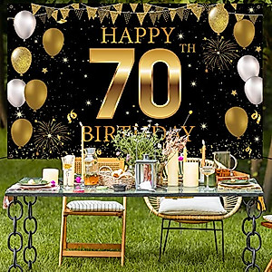 70th Birthday Party Decorations Backdrop Banner, Black Gold Happy 70th Birthday Decorations for Men Women, 70 Years Old Birthday Photo Booth Props, 70 Birthday Sign for Outdoor Indoor, Fabric Vicycaty