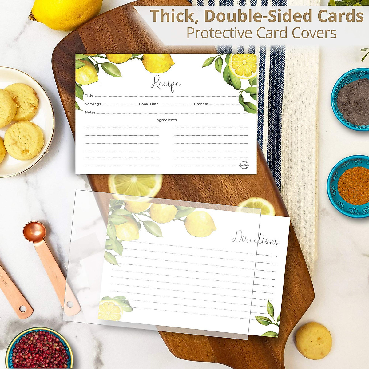 Recipe Box With Cards And Dividers - 50 4x6 Lemon Recipe Cards, Covers & Personalized DIY Book - Large 5x7 Acacia Wooden Recipe Card Holder Set - Engraved Farmhouse Wood Boxes & Organizer for Recipes