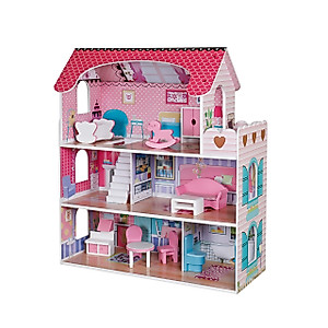 PIDOKO KIDS Wooden Dollhouse - includes 12 Pcs Furniture Accessories - Wood Doll House for 3 4-5 Year Old Girls