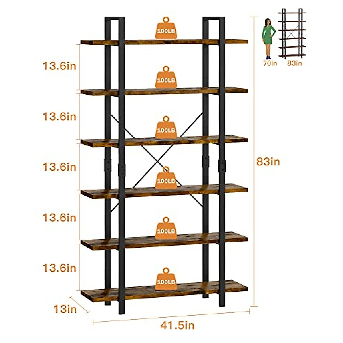 FRAPOW 83Inch Large Vintage Bookshelf, 6 Tier Industrial Etagere Displaying Bookshelf with Metal Frame for Home Living Room Office Study