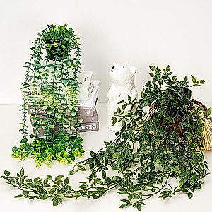 MARTINE MALL 2 Packs Artificial Hanging Plants Fake Hanging Plants, Small Potted Hanging Plants Fake Plants Mandala Hanging Vine Eucalyptus Vine for Shelf Home Office Bedroom Indoor Outdoor