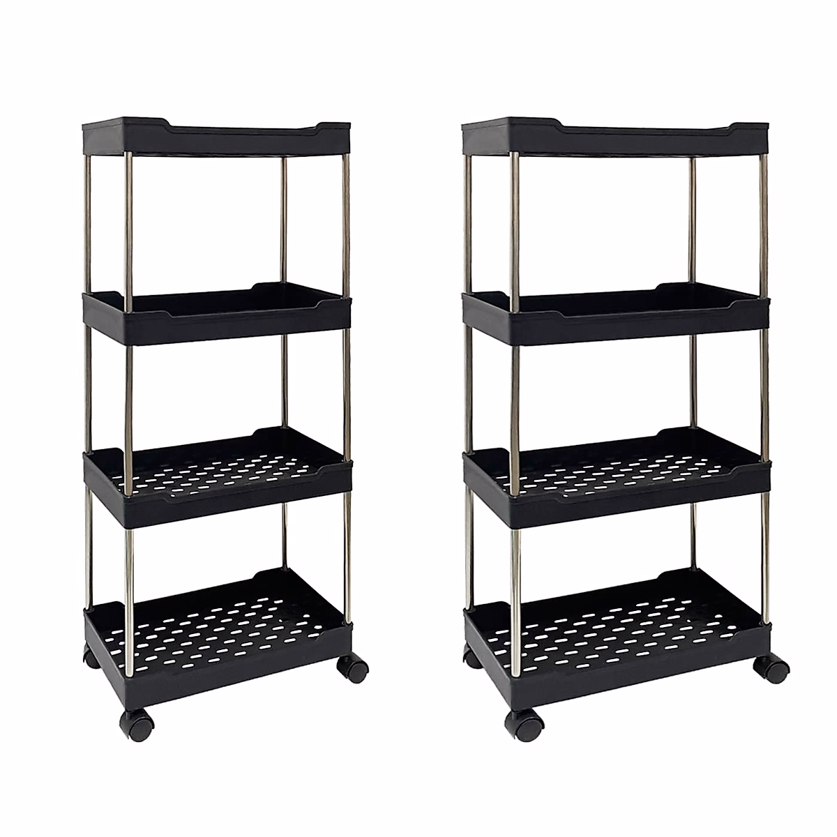 OHAHALICO 2 Pack 4 Tier Storage Cart, Bathroom Rolling Utility Cart Storage Organizer Slide Out Cart, Mobile Shelving Unit Organizer Trolley for Office Bathroom Kitchen Laundry Room, Black