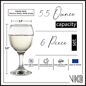 Vikko 5.5-Oz SMALL Wine Glasses, Beautiful Round Dessert Wine Glasses, Set of Wine Glasses, Durable Stemmed Wine Glasses, Dishwasher Safe Thick Wine Glasses, White Wine Glasses Set of 6