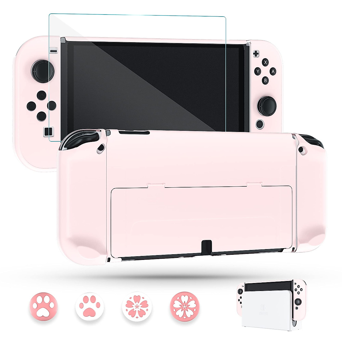 FUNDIARY Dockable Pink Case for Nintendo Switch OLED Model 2021 Skin, Accessories Cover for Switch OLED Console & Joycon with Screen Protector and 4 Thumb Grip Caps - Full Protection by Flip Shell