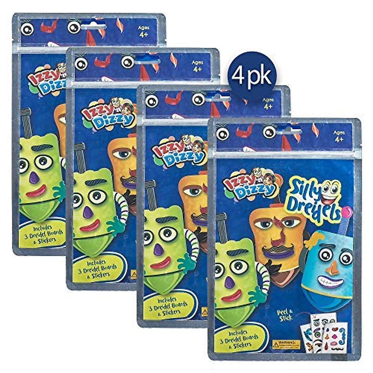 Silly Dreidels - 4 Pack of 3 Dreidels Boards and Stickers - Hanukkah Arts and Crafts - Gifts and Games - Izzy 'n' Dizzy