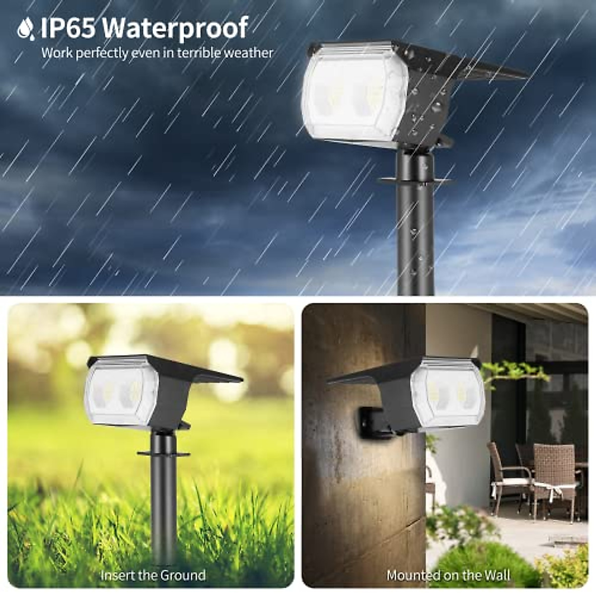 Sararoom 2Pcs Solar Spotlight Outdoor, 48 LEDs 1000LM 6500K Daylight White IP65 Waterproof Solar Landscape Spot Light, 3 Brightness Adjustable, Dusk to Dawn Solar Garden Light for Yard,Patio