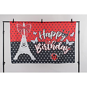Allenjoy 68" x 45" Ladybug Birthday Backdrop Red and Black Glitter Party Supplies Decorations Photoshoot Baby Girls Kids Bday Banner Eiffel Tower Bow Decor Background Photo Booth Props
