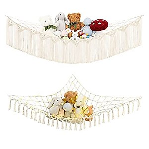 Mkono 2 Style Macrame Stuffed Animal Hammock Toy Storage Organizer with Lights and Tassels Boho Stuff Animals NetLarge Capability Corner Toys Display Hammock for Nursery Playroom