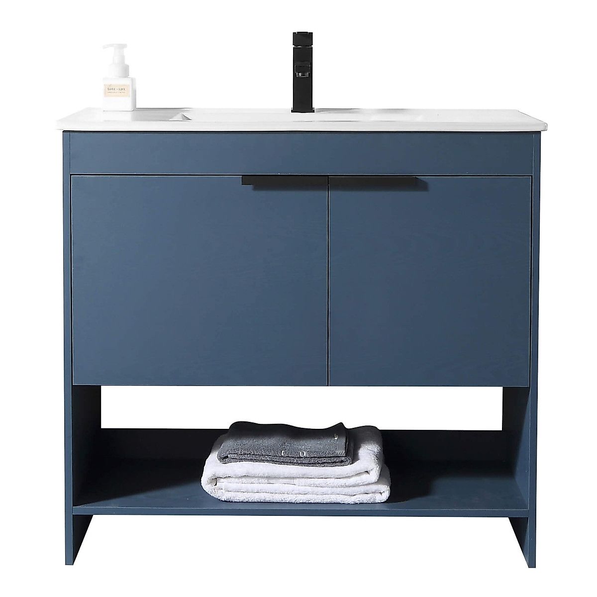 Fine Fixtures Bathroom Vanity with Integrated Ceramic Sink - Bathroom Vanity with Sink & Modern Knob Design - Bathroom Vanities with Sturdy Marble Top & Soft Closing Doors (36 Inch) Navy Blue