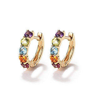 FANCIME Mothers Day Gifts 14K Solid Yellow Gold 1.25cttw Multi Colored Amethyst Peridot Topaz Citrine Garnet Tiny Small Hinged Huggie Cartilage Hoop Earrings Dainty Delicate Fine Jewelry For Women,15mm