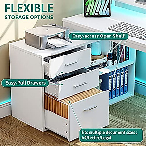 YITAHOME L Shaped Desk with Power Outlets & LED Lights & File Cabinet, 55" Corner Computer Desk with 3 Drawers and 2 Storage Shelves, Home Office Desk with Monitor Stand, White