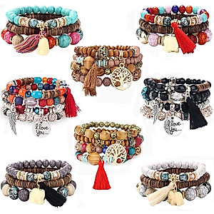 YADOCA 8 Pcs Bohemian Wood Beaded Bracelets Set for Women Boho Multilayer Tassel Strand Elephant Charm Bracelets Stretch