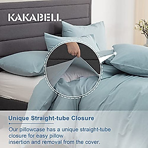 KAKABELL 100% Washed Cotton Linen Duvet Covers Set,Luxury Soft and Breathable Portable Openings 3 Piece Bedding Set,1200 Thread Count,with 8 Corner Ties 90x90 Inches(Light Blue,Full/Queen)