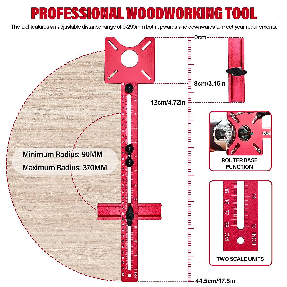 Sigerio 4 in 1 Router Milling Groove Bracket, Aluminum Alloy Router Circle Cutting Jig, Multifunctional Cabinet Hardware Jig and Router Guide, Adjustable Router Jig Tool for Woodworking (Rose Red)
