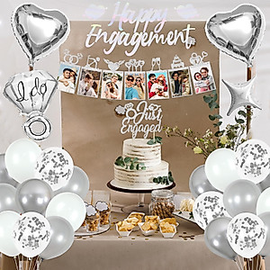 Trgowaul Engagement Wedding Decorations, Silver Happy Engagement Banner with 7PCS Photo Banner for Bridal Shower, Ring Foil Balloon, Just Engaged Cake Topper Bridal Shower Supplies