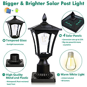 PASAMIC Solar Powered Black Pathway Light Fixture, 3000K Warm White, Weather Resistant, Energy Saving, IP44 Waterproof, 60 Lumens, 3" Standard Lamp Post or 5.6" Piers Included
