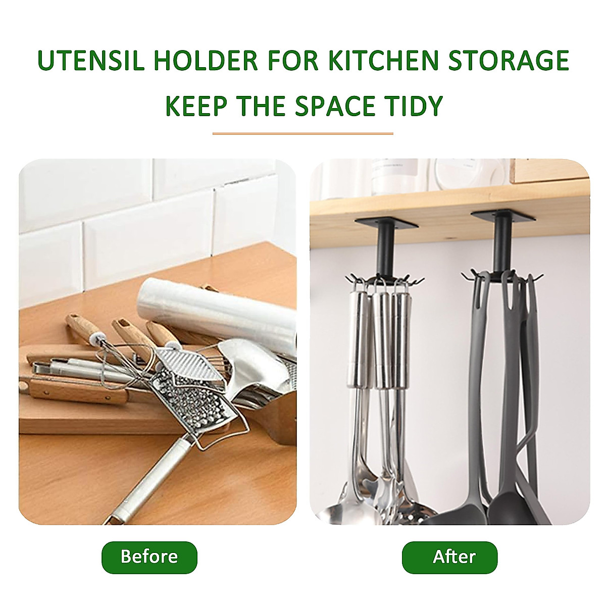 2PCS Utensil Under Cabinet Holder, Takemay 360° Rotating Stainless Steel Kitchen Utensil Holder with 8 Hooks,Top and Wall Mounted Utensil Hanger Rack for Hanging Utensils, Knives, Mugs, Spatulas, Pots