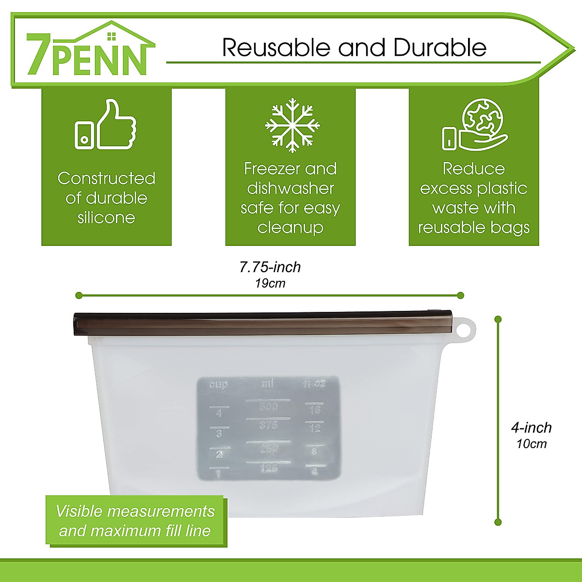 7Penn Silicone Food Storage Bag, 500mL - 1pk Washable 7.75 x 4in Clear Reusable Food Bags for Sandwiches and Snacks