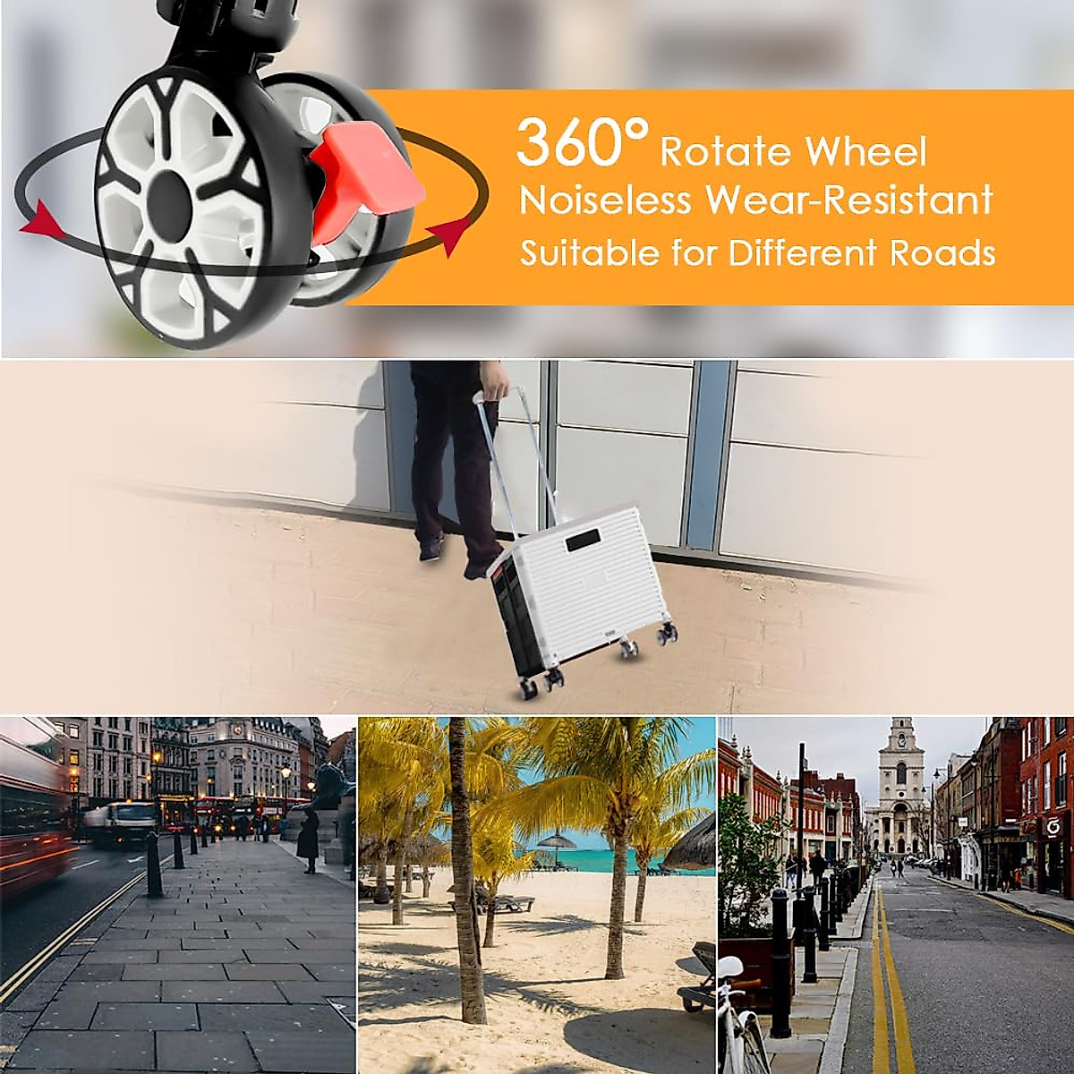 SELORSS Foldable Utility Cart Portable Collapsible Crate Rolling Carts with Wheels Rolling Tote Basket Teacher Cart with Lid Wear-Resistant 360°Rotate Wheel Noiseless for Shopping Storage Office Use