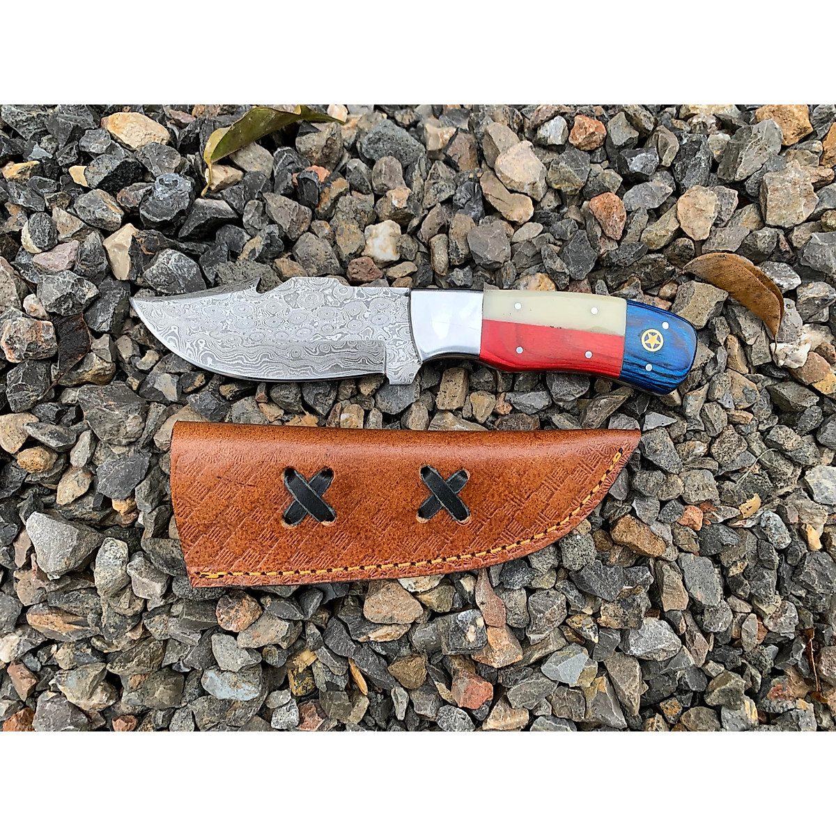 NUSHBA 012 Handmade Damascus Gut Hook Skinning Hunting Knife With Cow Brown Leather Sheath- Best Damascus Steel American Flag Handle Hunting Knife