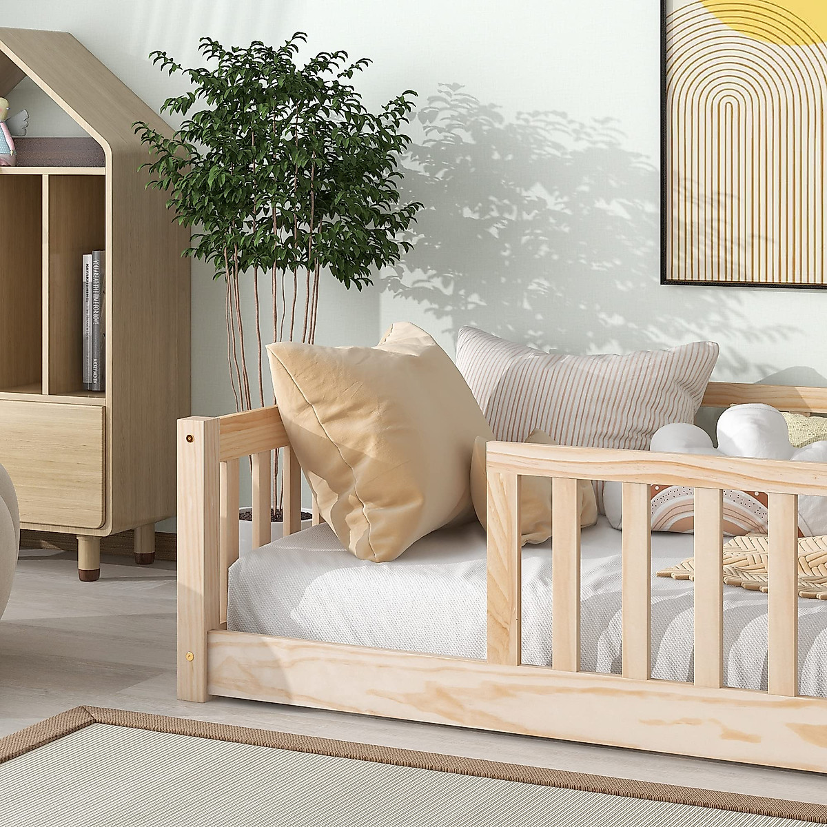 Brafab Montessori Floor Bed with Safety Guardrails and Door, Twin Size Solid Pine Wood Floor Bed Frame with Slats, Full Length Fence for Girls, Boys, Child Bedroom, Kids Playroom (Natural)