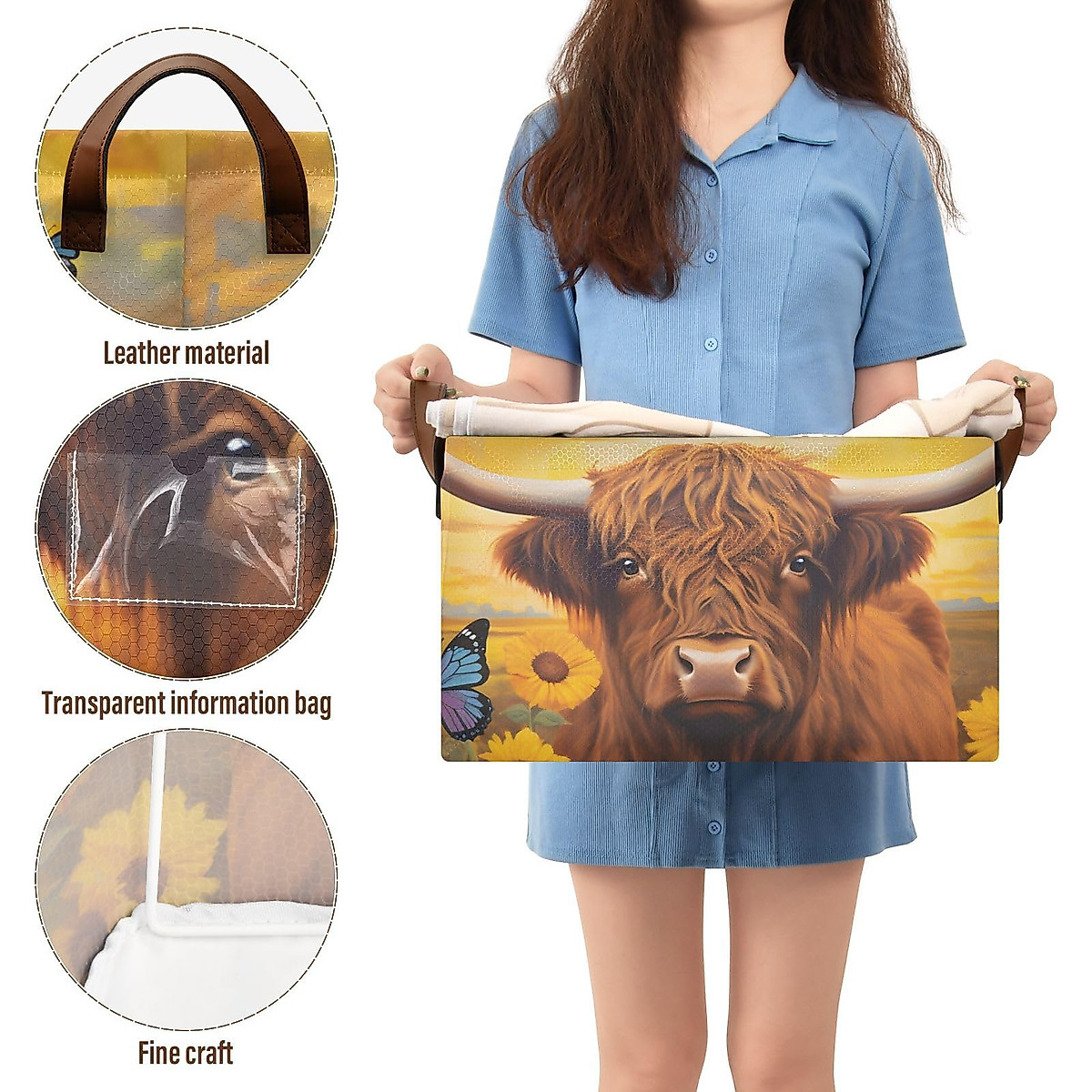 PDZRMY Open Storage Bin Blue Butterfly Highland Cow Large Foldable Storage Box Storage Basket Organizer Bins with Leather Handles for Shelf Closet Bedroom Living Room Office Home 1 Pack