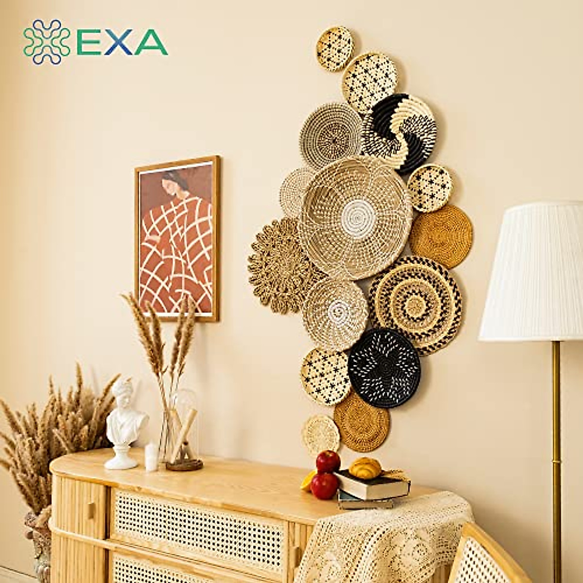 EXA Set of 15 Hanging Woven Wall Basket Decor Summer Bloom Round Decorative Large Wall Decor - Handmade Seagrass Baskets - Rattan Wall Art, Flat Wicker Woven Basket Wall Decors for Boho Farmhouse