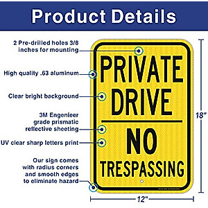 Faittoo Private Drive Sign, No Trespassing Sign, 18 x 12 Inches Engineer Grade Reflective Sheeting Rust Free Aluminum, Weather Resistant, Waterproof, Durable Ink, Easy to Mount, Indoor & Outdoor Use