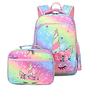 JIANYA Backpack for Girls Kids Backpack with Lunch Box Lightweight Rainbow Preschool Kindergarten Girl Bookbag School Bag