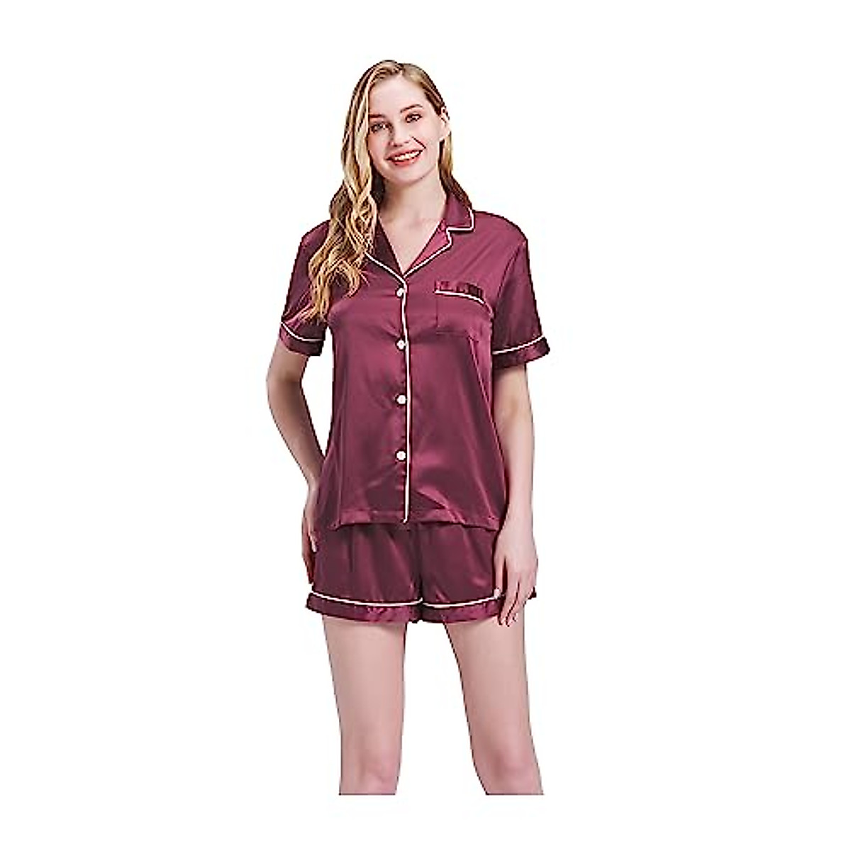 Pure as a lotus Women Sleepwear Sets Silk Pajamas Set Loungewear Button-Down Two-piece Pj Sets Shorts Nightwear Set Red