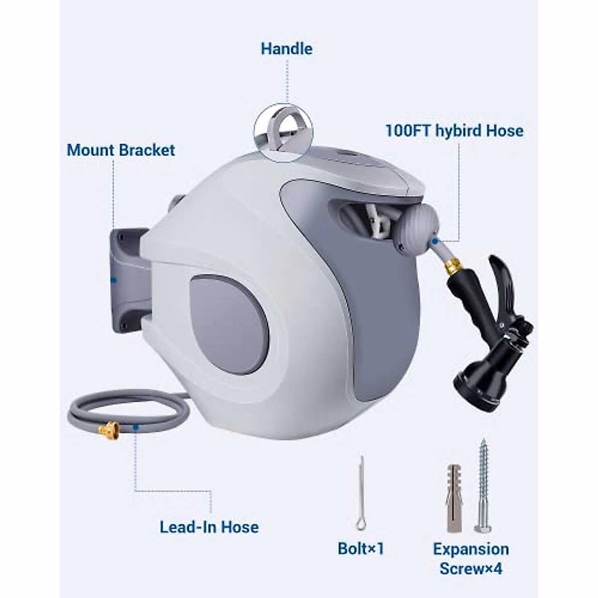 DEWENWILS Retractable Garden Hose Reel, 1/2"×100ft Wall Mount Hose Reel, with 7-Pattern Spray Nozzle, Any Length Lock, 180°Swivel Bracket, Auto Rewind Hybrid Water Hose Reel for Outdoor Watering