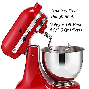 FavorKit Stainless Steel Dough Hook for KitchenAid Tilt-head & 4.5-5 Qt Mixers, Dishwasher Safe, Polished Metal Kneading Attachment Replacement