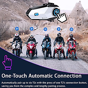 TNICER Motorcycle Bluetooth Headset, T2 1000m 6 Riders Helmet Bluetooth Headset with Noise Cancellation, Universal Motorcycle Bluetooth Communication System, Music Sharing & HD Speakers(1 Pack)