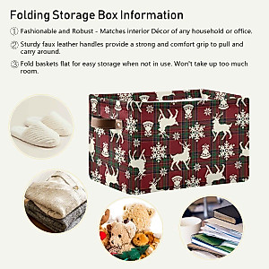 Christmas Bells Reindeer Storage Basket Fabric Laundry Baskets Winter Snowflake Xmas Red Green Buffalo Plaid Storage Boxes Organizer Bag for Cloth Toy Book Storage Cubes Shelf Closet Bins 16×12×8
