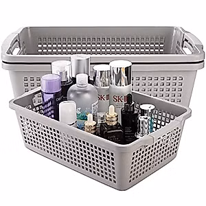 Hedume 4 Pack Plastic Storage Baskets with Handle, 15”x9.8”x4.7” Pantry Storage Bins, Closet Baskets, Large Organization Basket for Nursery, School, Office