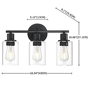 3-Light Modern Vanity Light Fixture, Matte Black Bathroom Wall Lights Over Mirror, Contemporary Minimalist Wall Sconces with Clear Glass Shade, Bath Room Mount Lamp for Bedroom, Living Room, Hallway