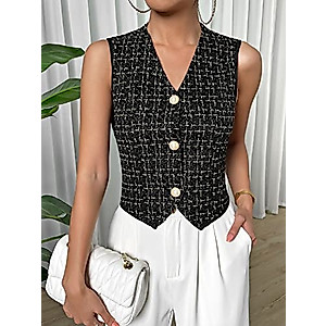 WDIRARA Women's Asymmetrical Hem Button Front Crop Blazer Sleeveless V Neck Blazer Vest Black M