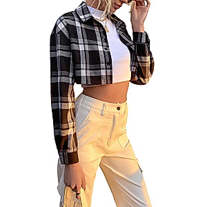 Floerns Women's Long Sleeve Collar Button Down Plaid Crop Top Blouse Black and White M