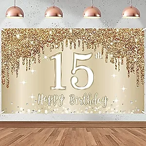 Happy 15th Birthday Banner Backdrop Decorations for Girls, Gold White Sweet 15 Birthday Sign Party Supplies, Fifteen Year Old Birthday Photo Booth Background Poster Decor(72.8 x 43.3 Inch)