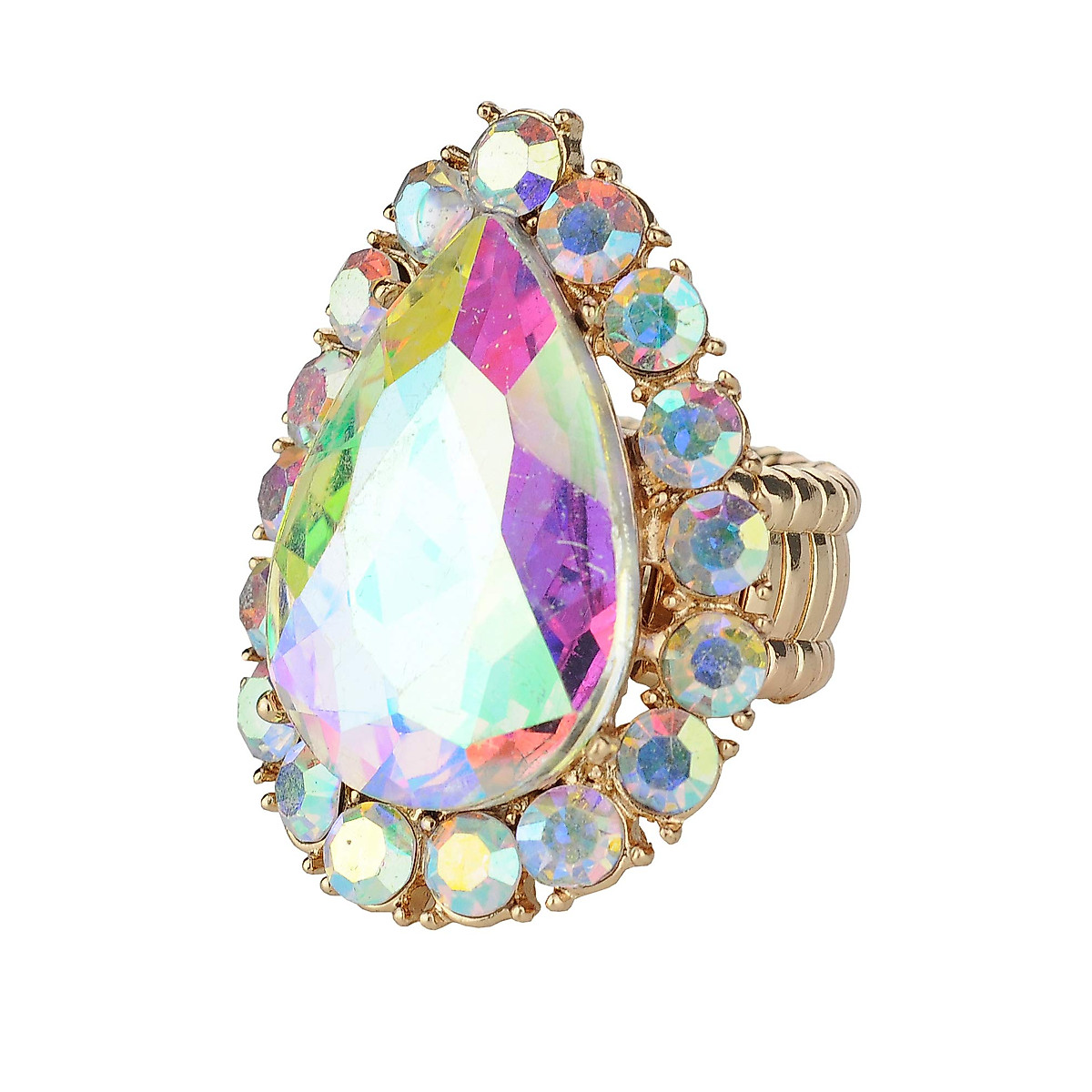 NYFASHION101 Women's Teardrop Stone Studs Fashion Stretch Ring, Aurora Borealis/Gold-Tone