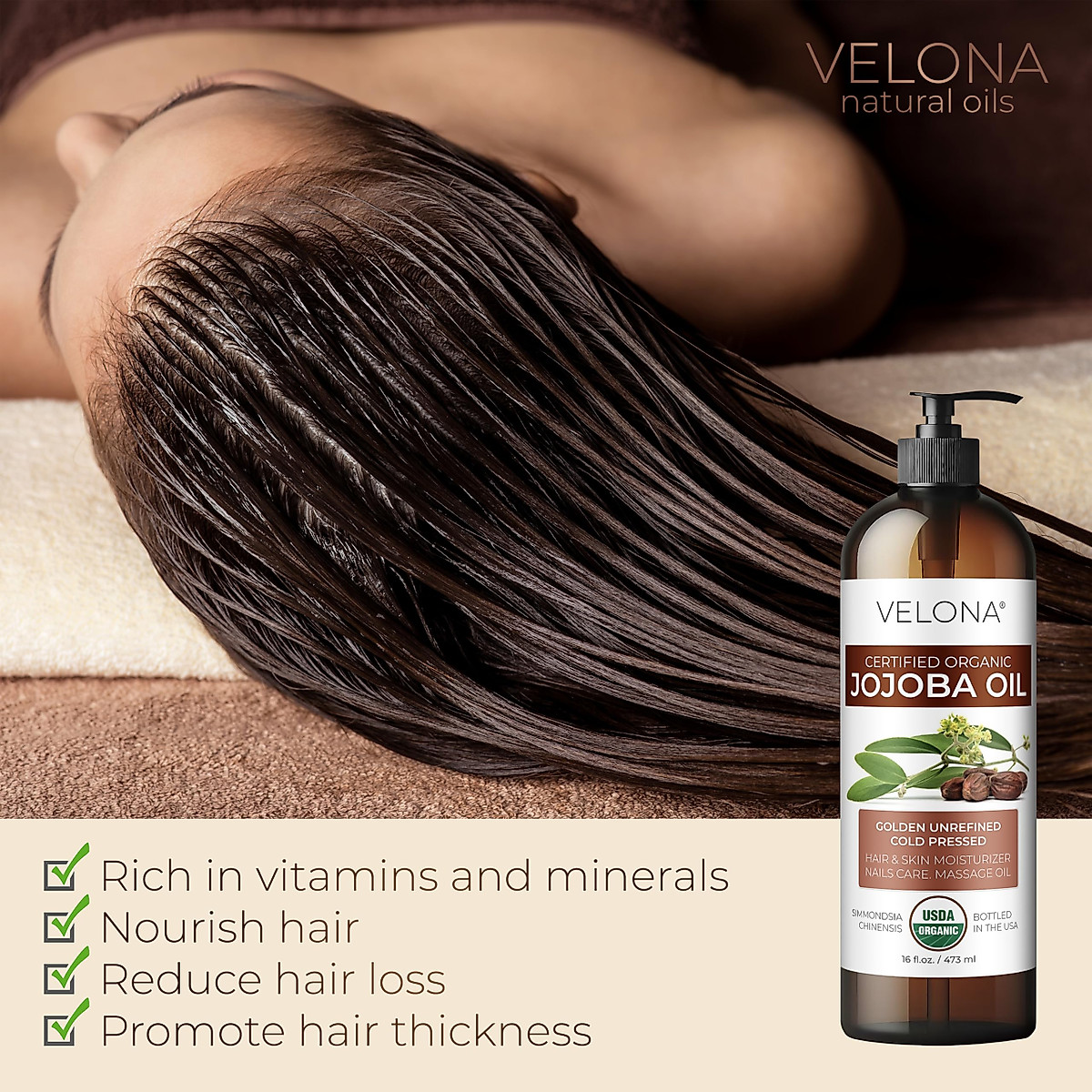 velona Jojoba Oil USDA Certified Organic - 16 fl oz (With Pump) | 100% Pure and Natural | Golden, Unrefined, Cold Pressed, Hexane Free