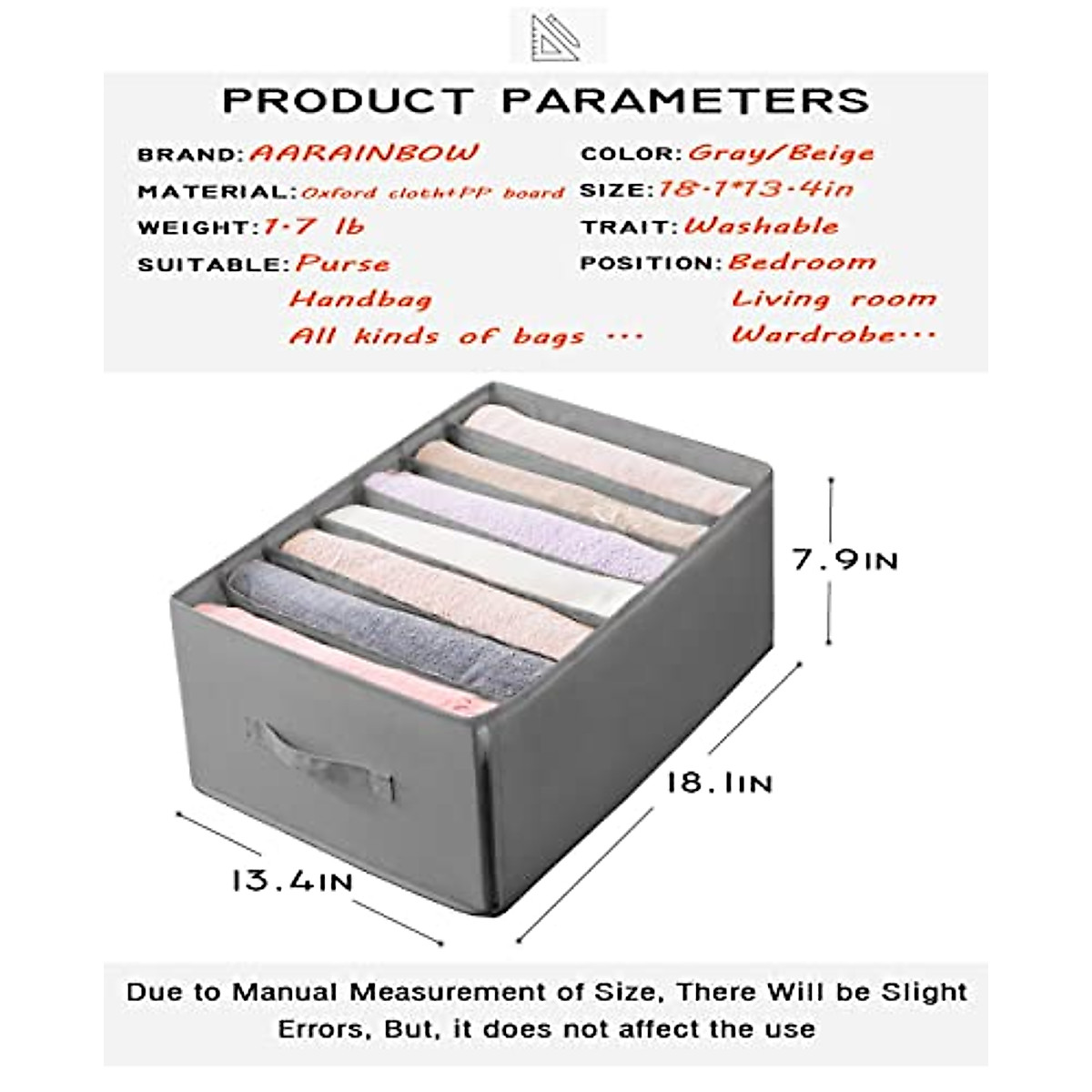 AARAINBOW 2 Pcs Closet Clothes Organizer with Handle, Stackable Shelf Storage Baskets with Dividers, Foldable Wardrobe Storage Box Drawer Divider for Jeans Pants Sweater (7 Grids Gray)