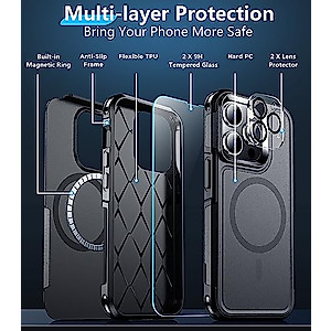 Temdan Magnetic for iPhone 14 Pro Case,[Compatible with MagSafe][Glass Screen Protector+Camera Lens Protector] Non-Slip Full-Body Shockproof Phone Case-Black