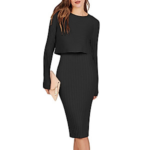 ANRABESS Womens 2 Piece Outfits Sweater Dresses Set Midi Skirt Sets Long Sleeve Crop Top Bodycon Ribbed Knit Dress 2024 Fall Black Large