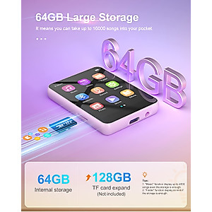 64GB MP3 Player with Bluetooth 5.3, Portable Digital Lossless Music Player with Built-in Speaker, 2.4 in Full Touch Screen, FM Radio, Line-in Voice Recorder, Earphones Included, Support up to 128GB