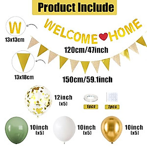 Welcome Home Decorations,Green Gold Welcome Home Balloons Banners Set,Welcome Home Glitter Banner with Confetti Balloons,Pennant Flag Bunting for Home Family Baby Shower Welcome Back Party Supplies