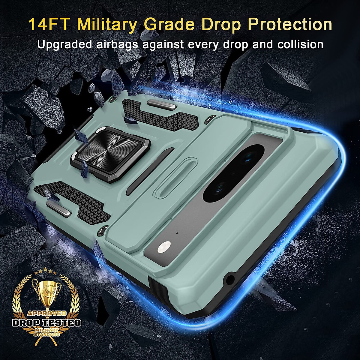 for Pixel 7 Case,Google Pixel 7 Case with Slide Camera Cover+Screen Protector,[Camera Protection] [Magnetic Rotate Kickstand] Military Grade Shockproof Heavy Duty Protective Cover-Alpine Green