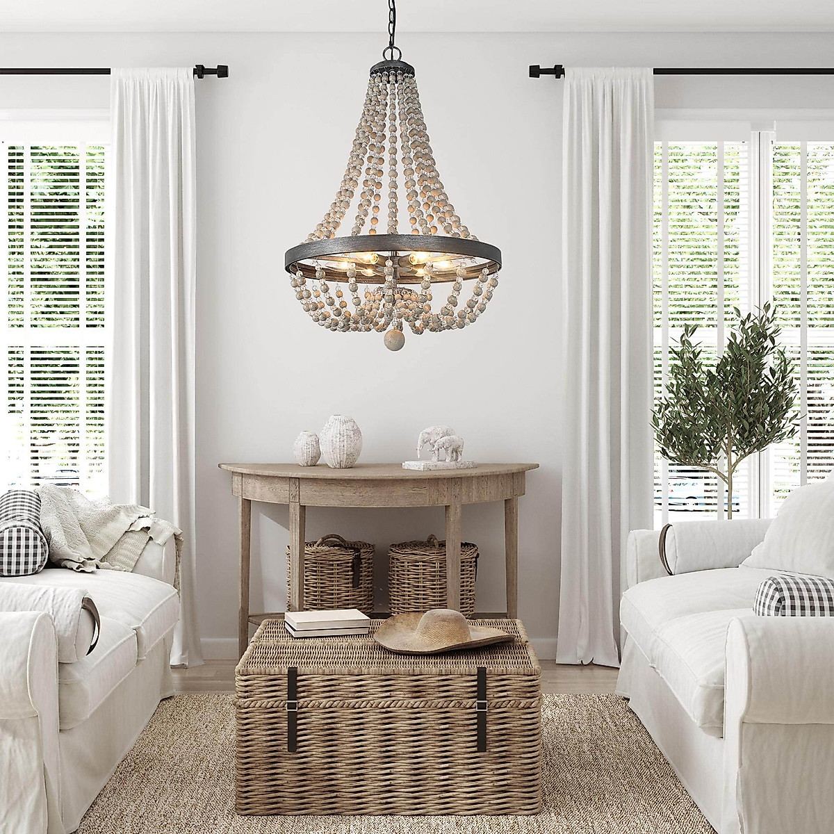 LALUZ Farmhouse Chandelier, Boho Light Fixture for Dining Room, Bedroom, Handmade Wood Beads, 6-Light, 28.3" H x 20.1" W